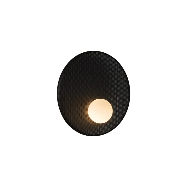 Small Black Circular Grid Wall Light with Opal Glass Globe - R&S Robertson