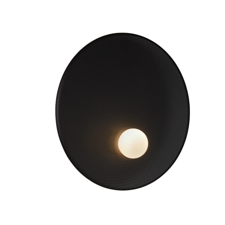 Large Black Circular Grid Wall Light with Opal Glass Globe - R&S Robertson